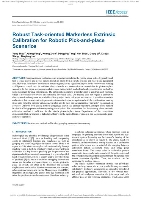Pdf Robust Task Oriented Markerless Extrinsic Calibration For Robotic Pick And Place Scenarios