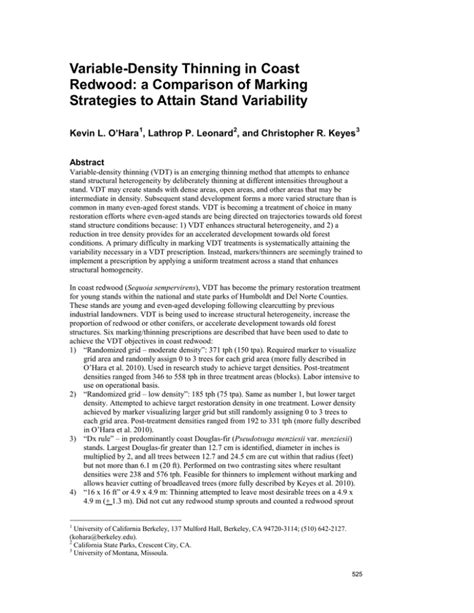 Variable Density Thinning In Coast Redwood A Comparison Of Marking