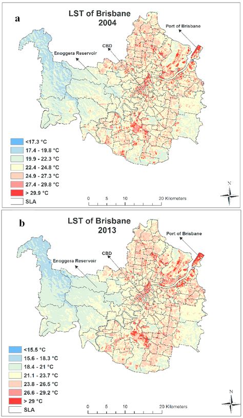 Spatial Variation Of Lst In Brisbane In 2004 A And In 2013 B