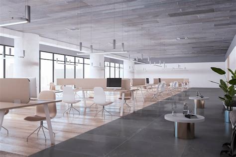 도시 전망과 일광 3d 렌더링을 갖춘 파티션 장비 가구 창을 갖춘 깨끗한 콘크리트 및 목재 공동 작업실 내부 프리미엄 사진