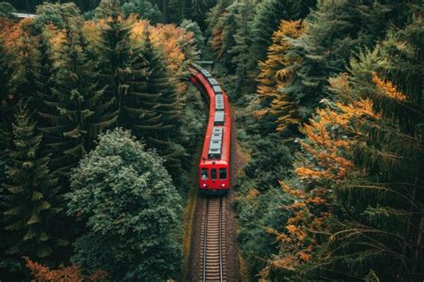 Bird39seye View Of Trains Passing Through The Forest Premium Ai Generated Image