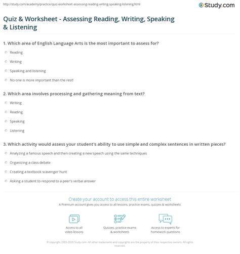 Quiz And Worksheet Assessing Reading Writing Speaking And Listening