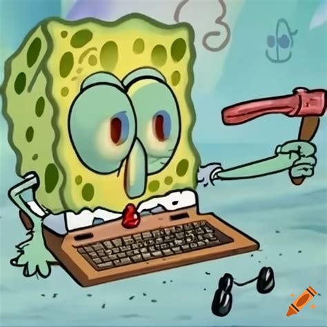 Squidward Tentacles Breaking A Computer With A Hammer On Craiyon