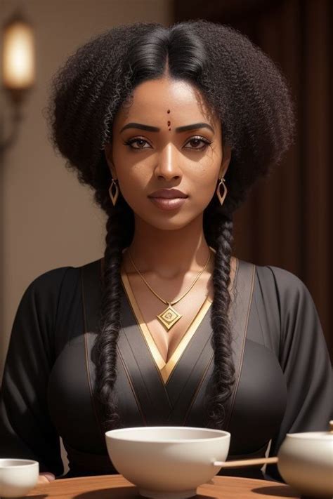 Busty Eritrean Woman Early 20s Curly Hair Wearing Black Traditional