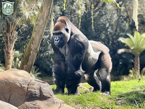 Powerful Silverback Gorilla Standing Tall In Natural Habitat Stock