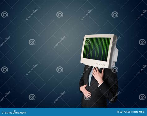 Cyber Human With A Monitor Screen And Computer Code On The Displ Stock