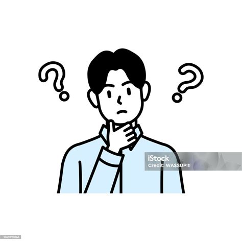 무언가에 대해 생각하는 남자의 만화 스톡 일러스트 궁금증이나 물음표에 대한 남자 일러스트레이션 개념에 대한 스톡 벡터 아트 및