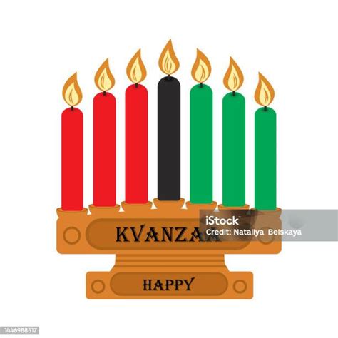아프리카 국기와 비문 Happy Kwanzaa의 색으로 된 7 개의 촛불이있는 나무 촛대 0명에 대한 스톡 벡터 아트 및 기타