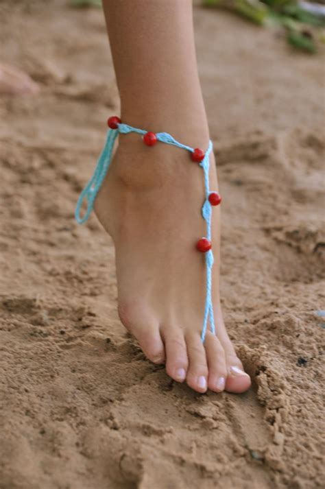 Crochet Turquoise Barefoot Sandals With Red Stone Beads Nude