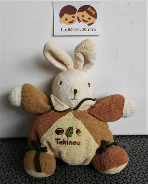DOUDOU PELUCHE TAKINOU LAPIN BOULE BLANC MARRON BEIGE FEUILLE GLAND Cm D EUR