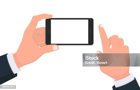 빈 화면 디스플레이와 검은 스마트 폰을 들고 사람 손 휴대 전화 모바일 화면을 터치 손 손가락 현대 라이프 스타일 만화 스타일의
