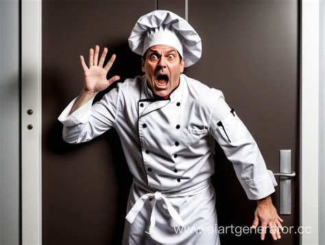 Anxious Chef Safeguarding Closed Door With Determination Ai Art Generator