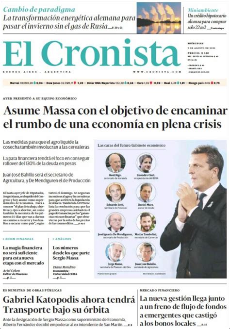 Journal El Cronista Comercial Argentine Les Unes des journaux de Argentine Édition du