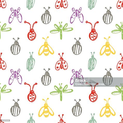 원활한 벡터 패턴 곤충 Ladubugs 말 벌 딱정벌레 나비와 잠자리 배경입니다 손 밑그림 그리기입니다 잉크 Pencilling 모방 곤충과 손으로 그린 패턴의 시리즈입니다
