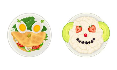 접시 세트에 제공되는 아이들을위한 맛있는 아침 식사 눈 벡터 일러스트와 재미 모양의 요리 0명에 대한 스톡 벡터 아트 및 기타