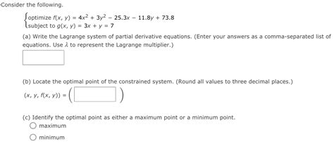 Solved Consider The Following Optimize Chegg