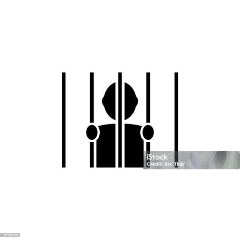 죄수 남자는 바를 개최 투옥 플랫 벡터 아이콘 그림입니다 흰색 배경에 간단한 검은 기호 막대 뒤에 손을 들고 죄수 는 웹 및