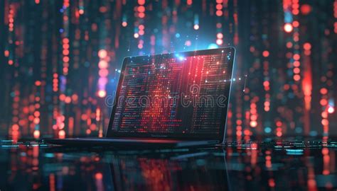 A Laptop Displays Source Code And A Futuristic Data Stream In A