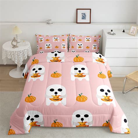 Yst Halloween Comforter Set Cute Ghost With Pumpkin Light Bedding
