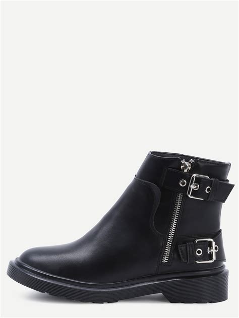 Black Buckle Strap Side Zipper Low Heel Boots Sheinsheinside