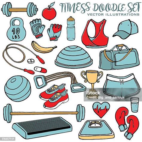 Hand Drawn Fitness Doodle Set Vector Illustrations向量圖形及更多上衣圖片 Istock