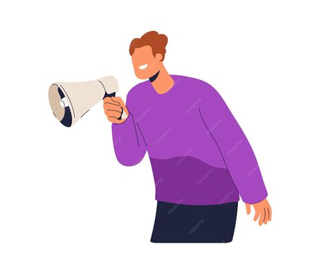확성기를 들고 있는 사람 손에 시끄러운 스피커로 뉴스를 발표하는 남자 정보 발표를 위한 확성기 물러나 있는 행복한 캐릭터 평면 벡터 일러스트 레이 션 흰색 배경에