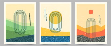 벡터 그림입니다 바우하우스 중반 세기 현대 그래픽 60 년대 복고풍 펑키 그래픽 그런지 텍스처 미니멀 한 풍경 세트 추상 적인 모양입니다 포스터 책 표지 잡지 브로셔를 위한