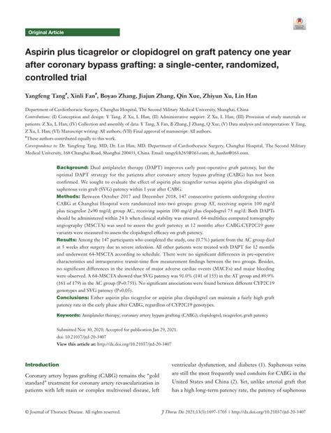 Pdf Aspirin Plus Ticagrelor Or Clopidogrel On Graft Patency One Year