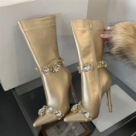 Crystal Knee High Boots Pointed Toe Stiletto Golden Atelier