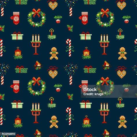 8 Bit Vintage Pixel Art Merry Christmas Pattern Ilustrasi Stok Unduh