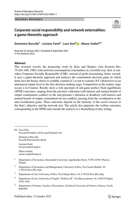 Pdf Corporate Social Responsibility And Network Externalities A Game