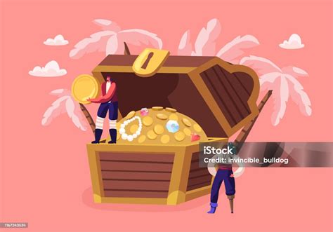 구식 의상을 입은 작은 해적 캐릭터는 황금 동전을 들고 보물 다리 보철을 가진 남자와 어깨에 앵무새와 함께 거대한 가슴 근처에 서있다 만화 플랫 벡터 일러스트 개념에 대한