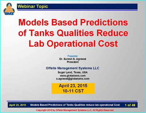 OMS W04 Models Based Predictions Of Tank Qualities Reduce Lab Operational Cost Globaloms
