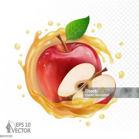 자연적인 신선한 빨간 사과와 반 현실적인 사과 주스 투명한 스플래시 및 방울 3d 벡터 일러스트 레이 션 사과 주스에 대한 스톡