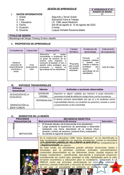 Sesión DE Aprendizaj N° 1-EDA4 jr - SESIÓN DE APRENDIZAJE I. DATOS INFORMATIVOS 1. Grado ...