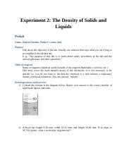 Lab Prelab Docx Experiment The Density Of Solids And Liquids Prelab Name Student