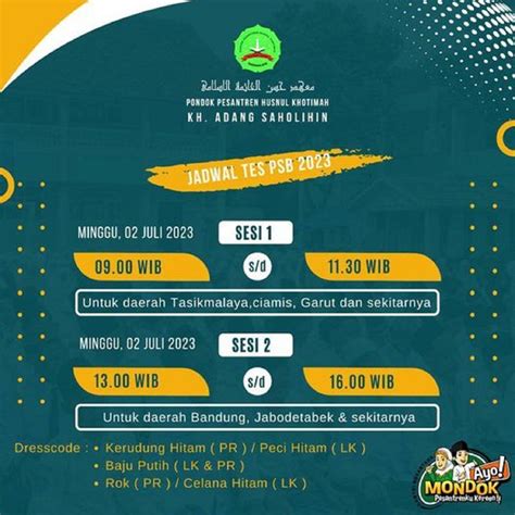 Jadwal Tes Seleksi Calon Santri Baru Tahun 2023 Pondok Pesantren