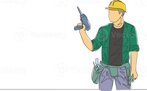 One Single Line Drawing Of Young Handyman Wearing Uniform While Holding Drill Machine Repairman