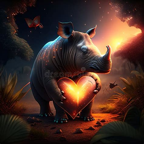 Rhino Calf Hugging Heart Black Rhinoceros With Heart In The Forest 3d