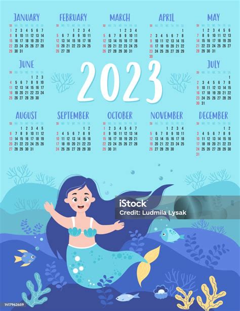 귀여운 인어 소녀와 수중 풍경 해저 물고기 진주 및 조류가있는 달력 2023 벡터 일러스트레이션 수직 템플릿 12 개월 영어