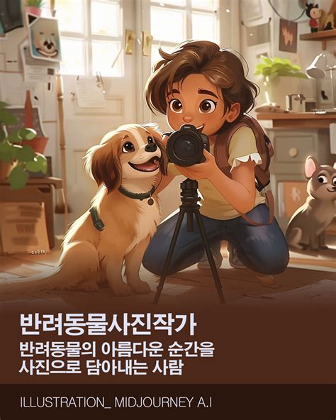 Ai의 Job카툰 반려동물사진작가 반려동물의 아름다운 순간을 사진으로 담아내는 사람