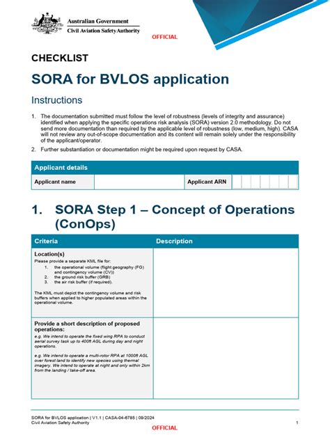 Checklist Sora For Bvlos Application Form Pdf Unmanned Aerial