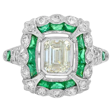 Illusion Set Emerald Cut Diamond Emerald Art Deco Style Halo Ring In