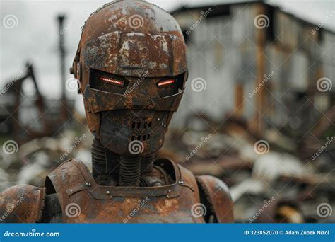 Rusted Robot With Glowing Red Eyes In Abandoned Industrial Setting