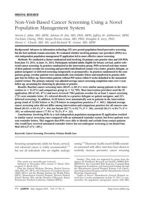 PDF Non Visit Based Cancer Screening Using A Novel Population