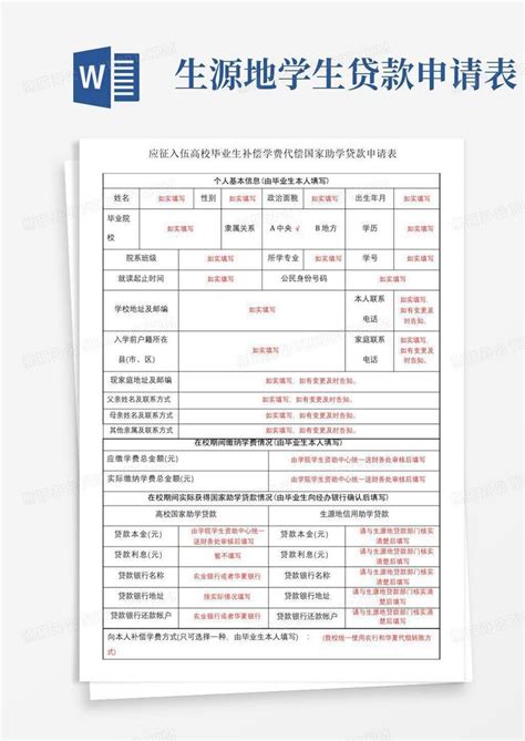 应征入伍高校毕业生补偿学费代偿国家助学贷款申请表Word模板下载 编号lzkkagdr 熊猫办公