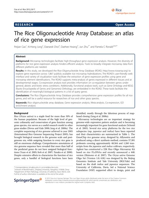 Pdf The Rice Oligonucleotide Array Database An Atlas Of Rice Gene Expression