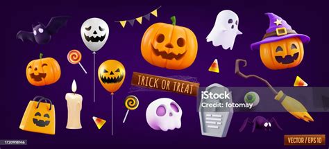 벡터 으스스한 포스터 또는 배너 디자인을 위한 현실적인 할로윈 장식 요소 할로윈 호박 두개골 촛불 하얀 유령 무덤 캔디 배트 거미 사악한 얼굴과 할로윈 쇼핑백이 있는 풍선