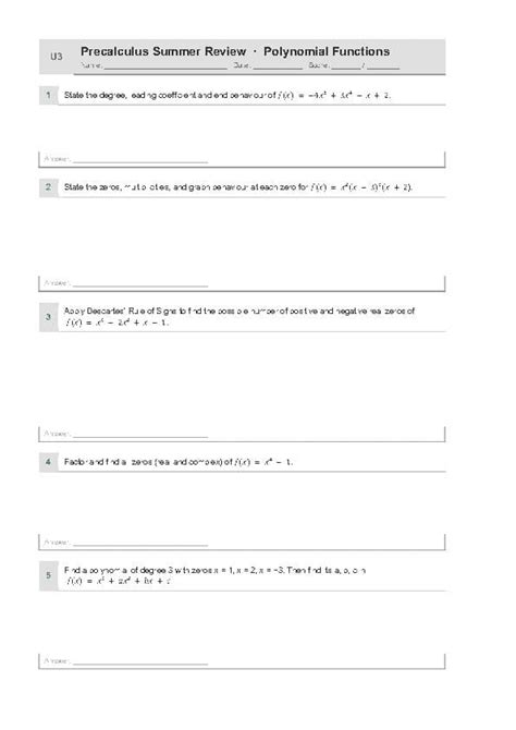 Precalculus Summer Review 18 Worksheets Full Answer Key Bridge To