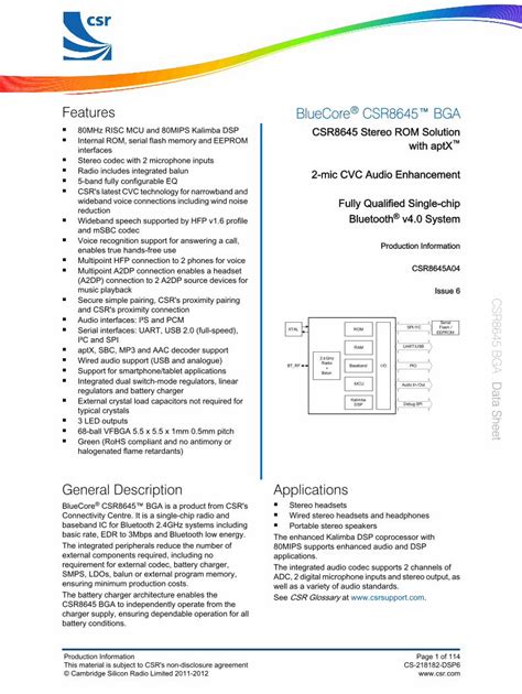 Pdf Features Bluecore Csr8645™ Bga 99999 201332817120592 Pdf · Features
